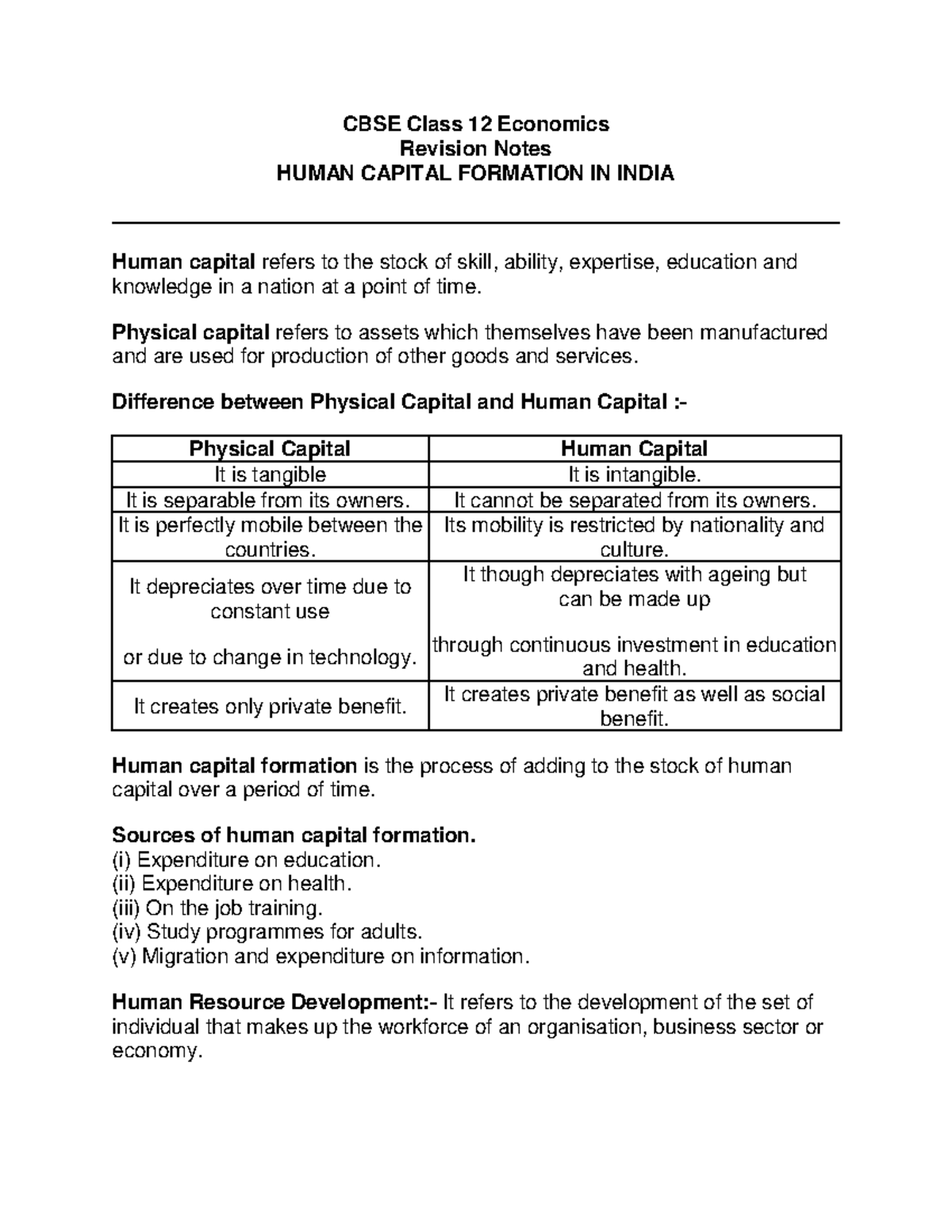 617602201 Class 12 Human Capital Formation Revision Notes - Studocu