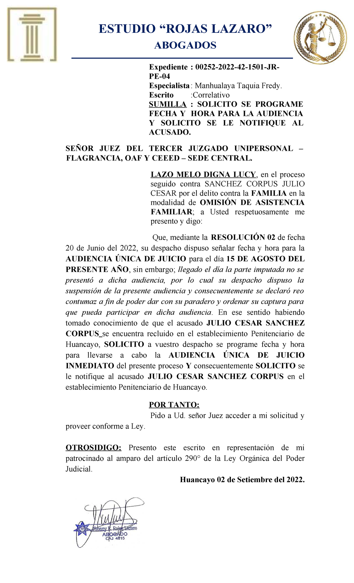 Solicitud de Fecha y Hora para Audiencia - Expediente Manhualaya Taquia ...