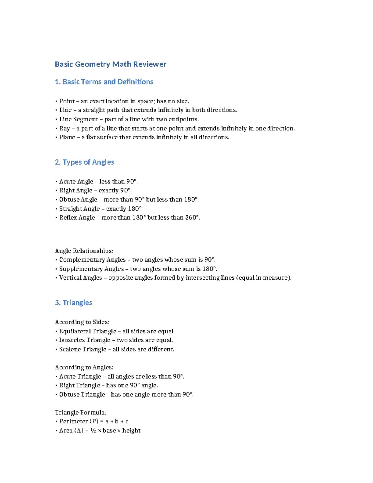 Basic Geometry Math Reviewer (MATH101) - Studocu