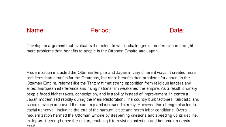WHAP 251208: Modernization Challenges in the Ottoman Empire vs. Japan ...