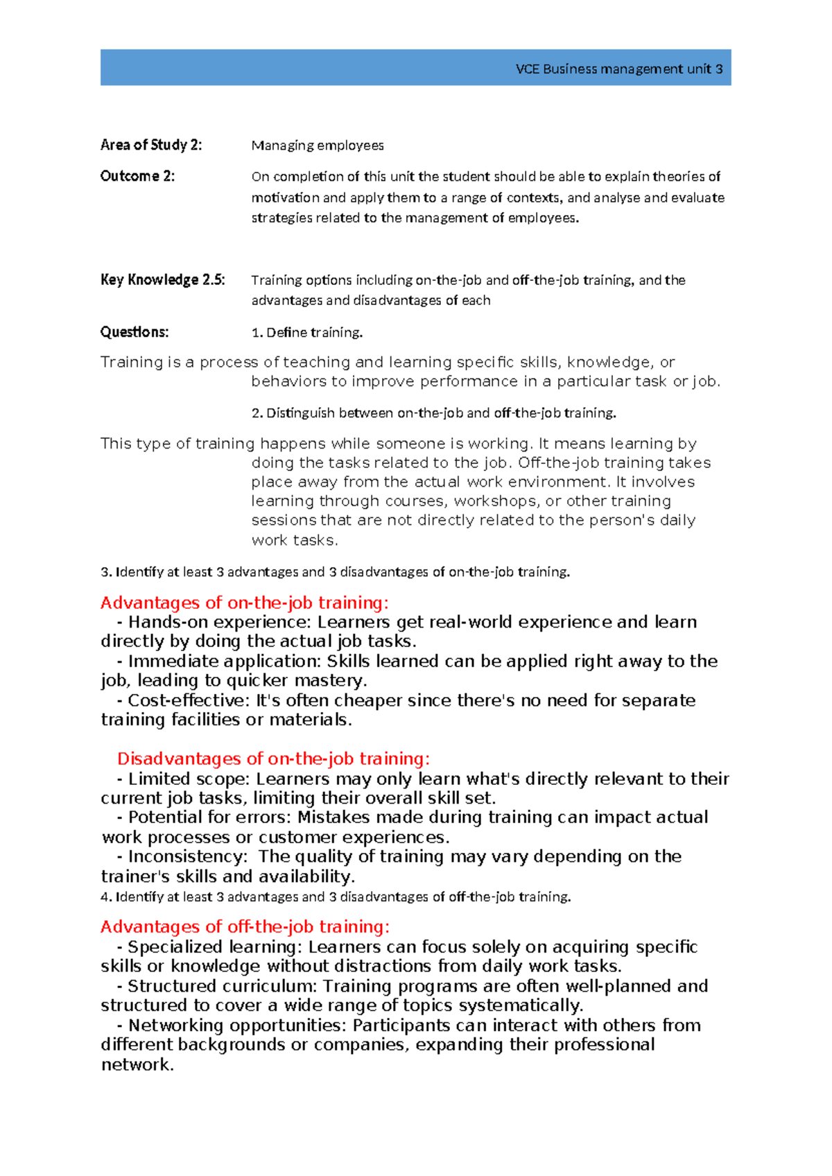 VCE Business Management Unit 3: Area of Study 2 - Employee Management ...