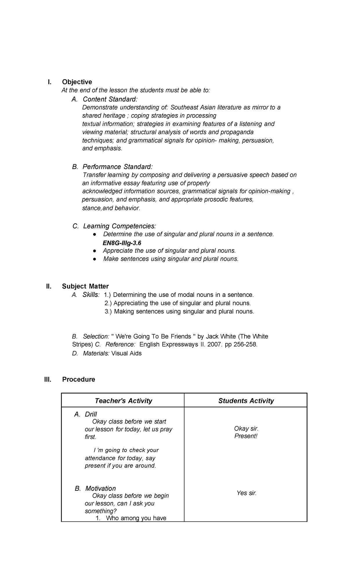 Detailed Lesson Plan(Grade 8)3Q - I. Objective At the end of the lesson ...