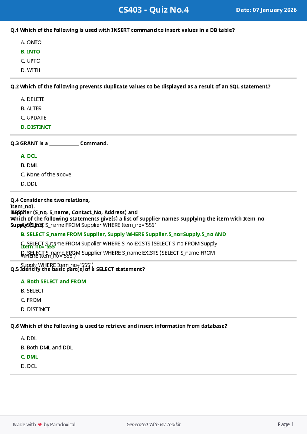 CS403 Quiz No.4 - Database Concepts and SQL Commands - Studocu