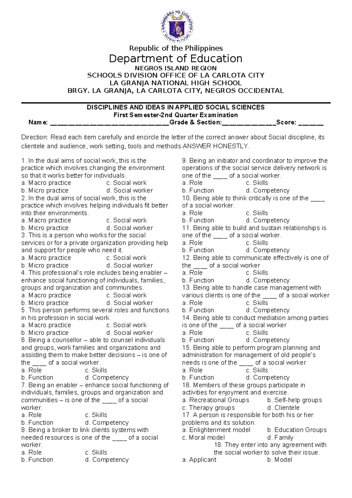 DIASS 12: Social Work Final Exam - 50 Items - Studocu