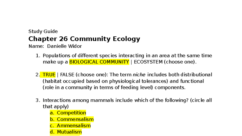 Study Guide for Community Ecology - Chapter 26 Concepts - Studocu