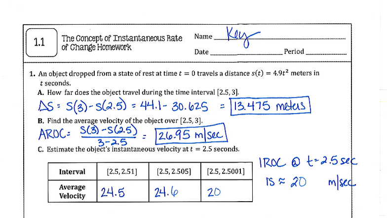 1.1 Instantaneous Rate of Change Homework Key - Period 1 - Studocu