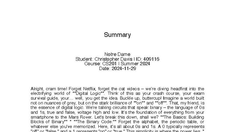 CS201 Summer 2024: Digital Logic Exam Survival Guide - Studocu