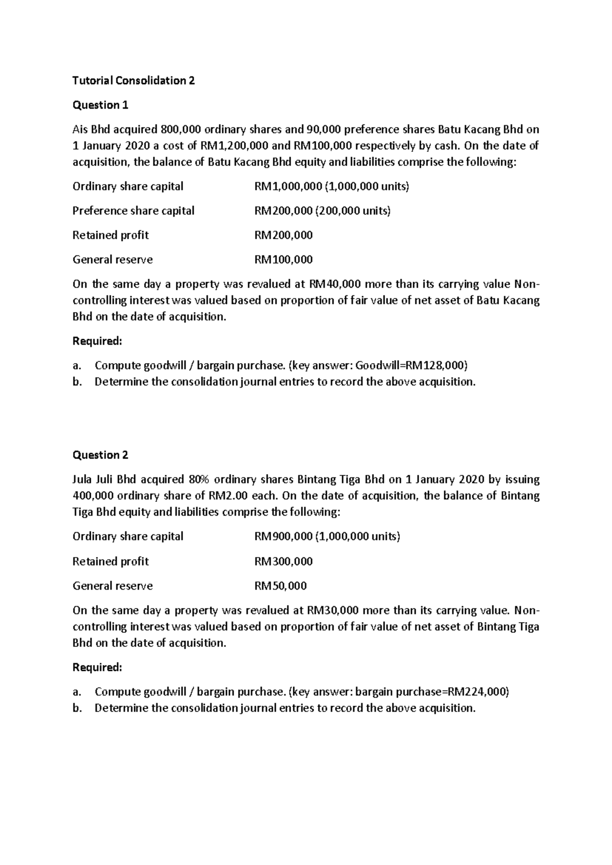 Consol Tutorial 2: Acquisition, Goodwill, and Journal Entries - Studocu