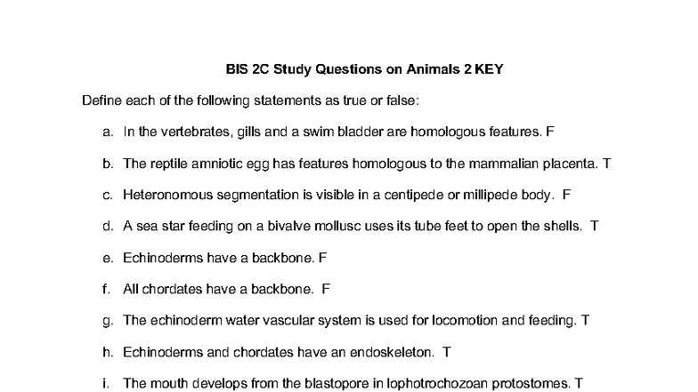 BIS 2C Animal Study Questions #2 F25 KEY - Studocu