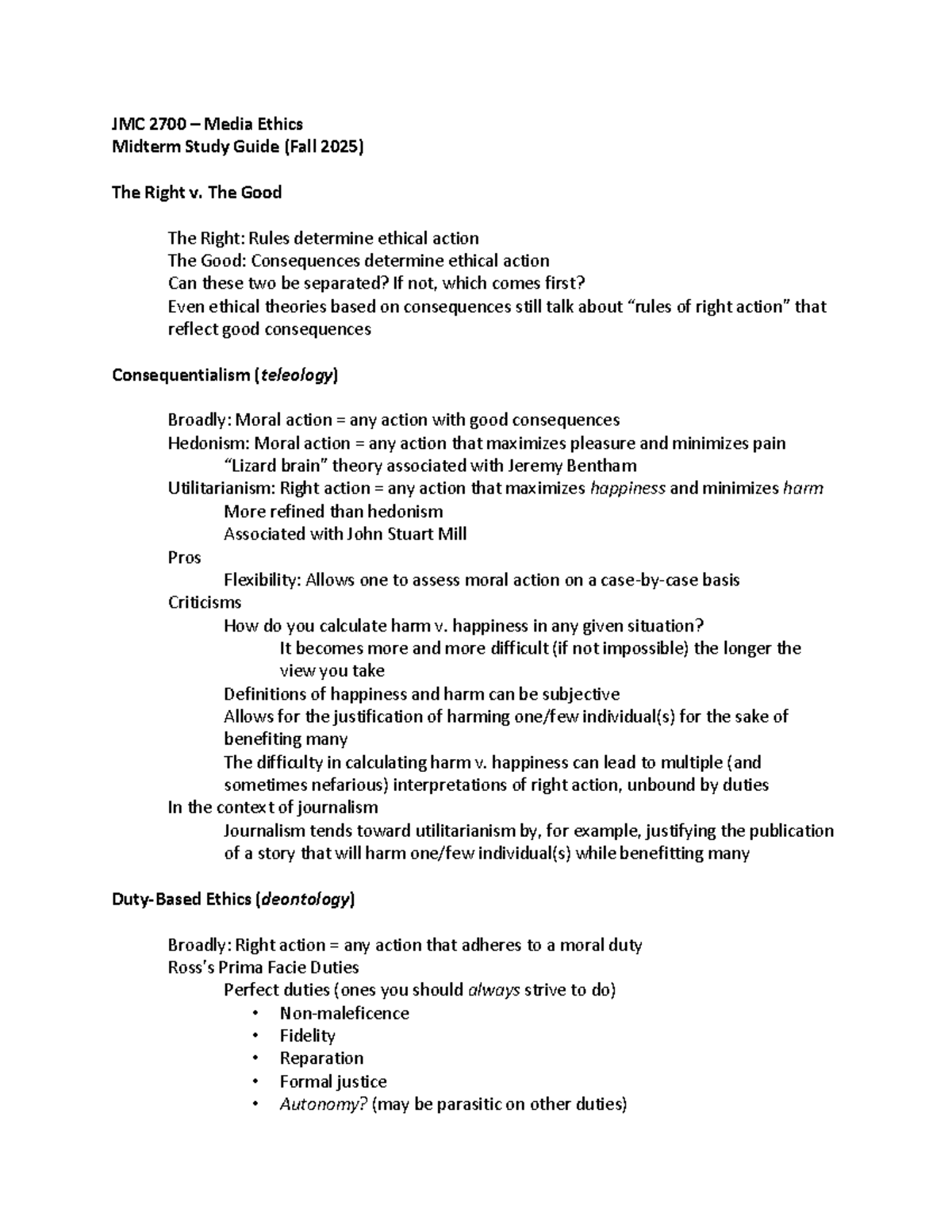 JMC 2700 Media Ethics Midterm Study Guide: The Right vs. The Good - Studocu