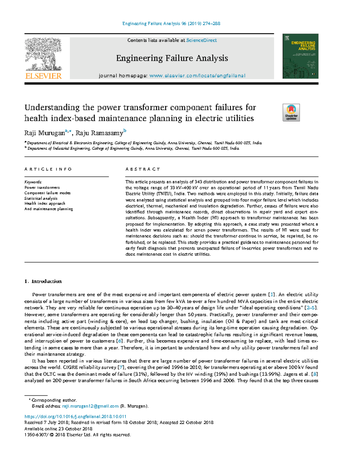 Analysis of Power Transformer Failures for HI-Based Maintenance ...