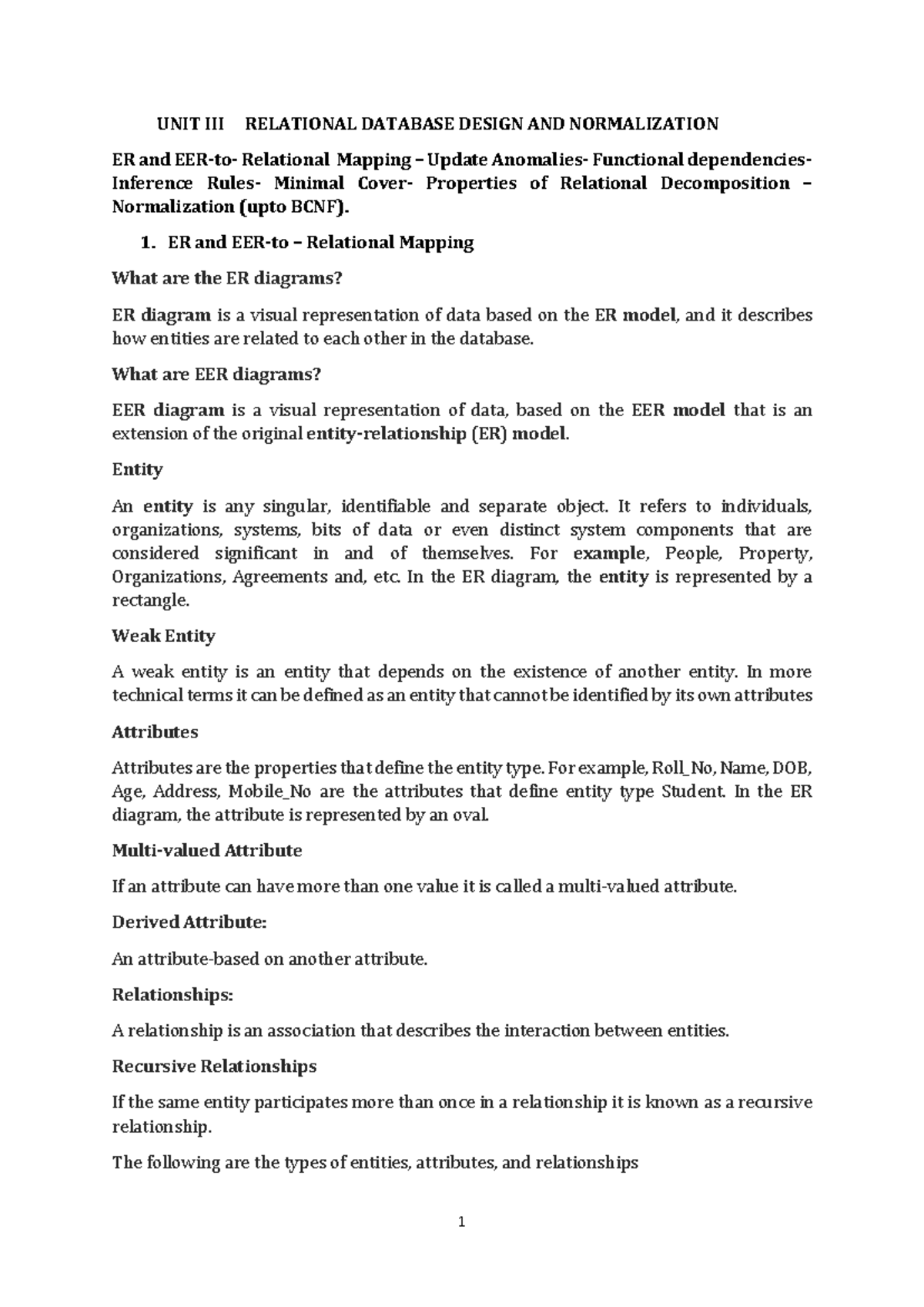 UNIT 3 DBDM - RELATIONAL DATABASE DESIGN & NORMALIZATION LECTURE NOTES ...
