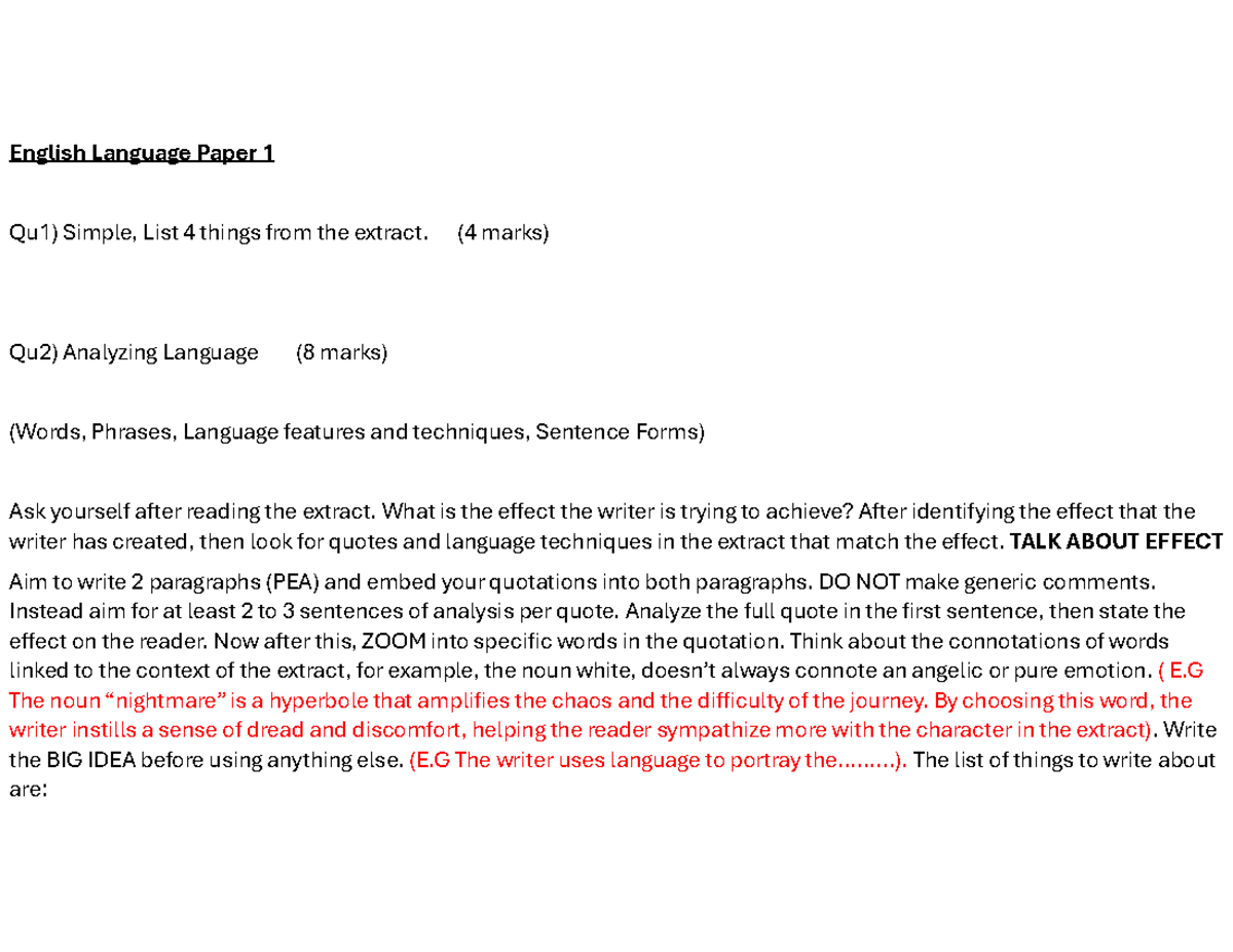 English Language Plan - English Language Paper 1 Qu1) Simple, List 4 ...
