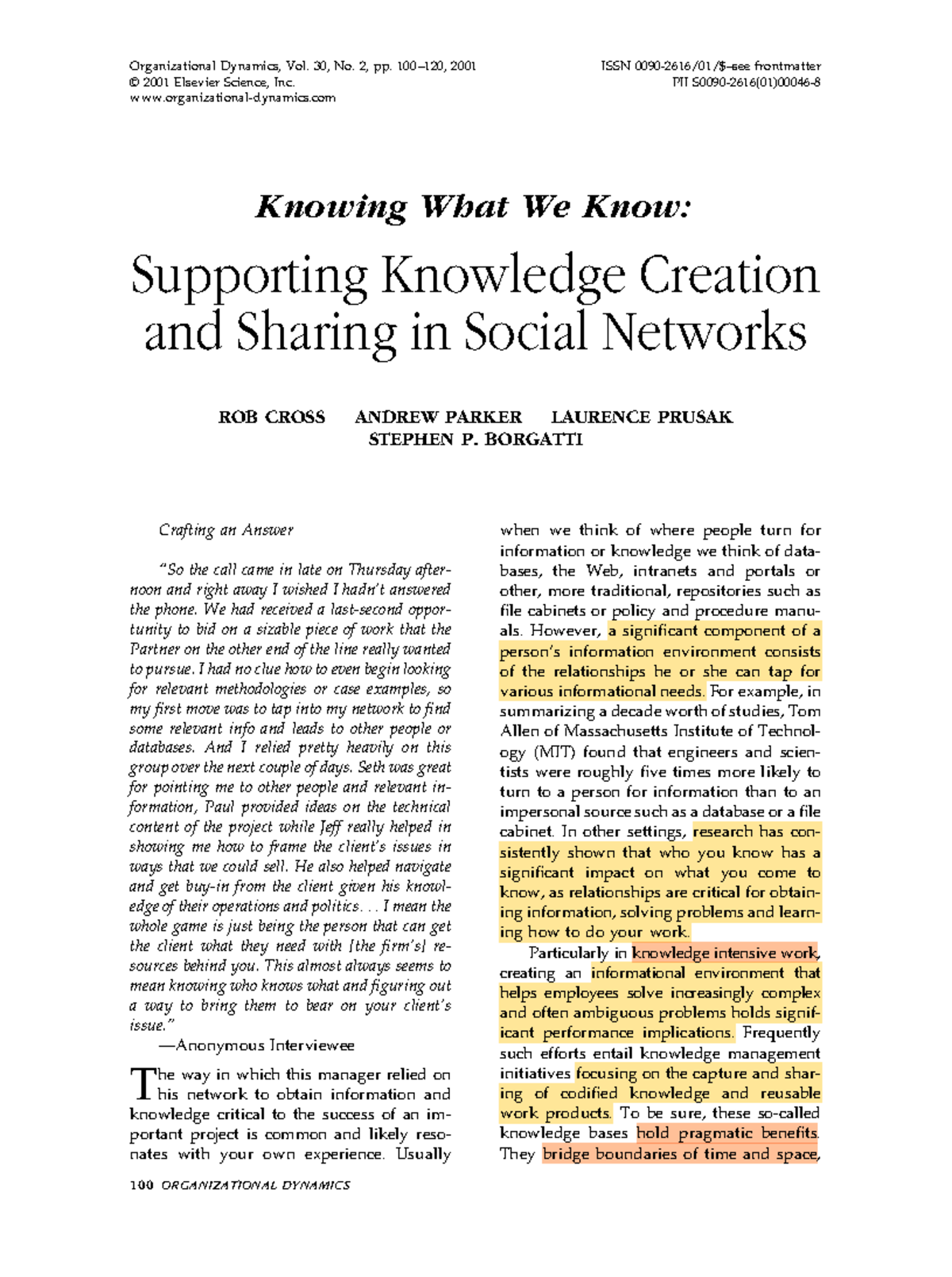 Organizational Dynamics: Knowledge Creation & Sharing in Networks (ORG ...