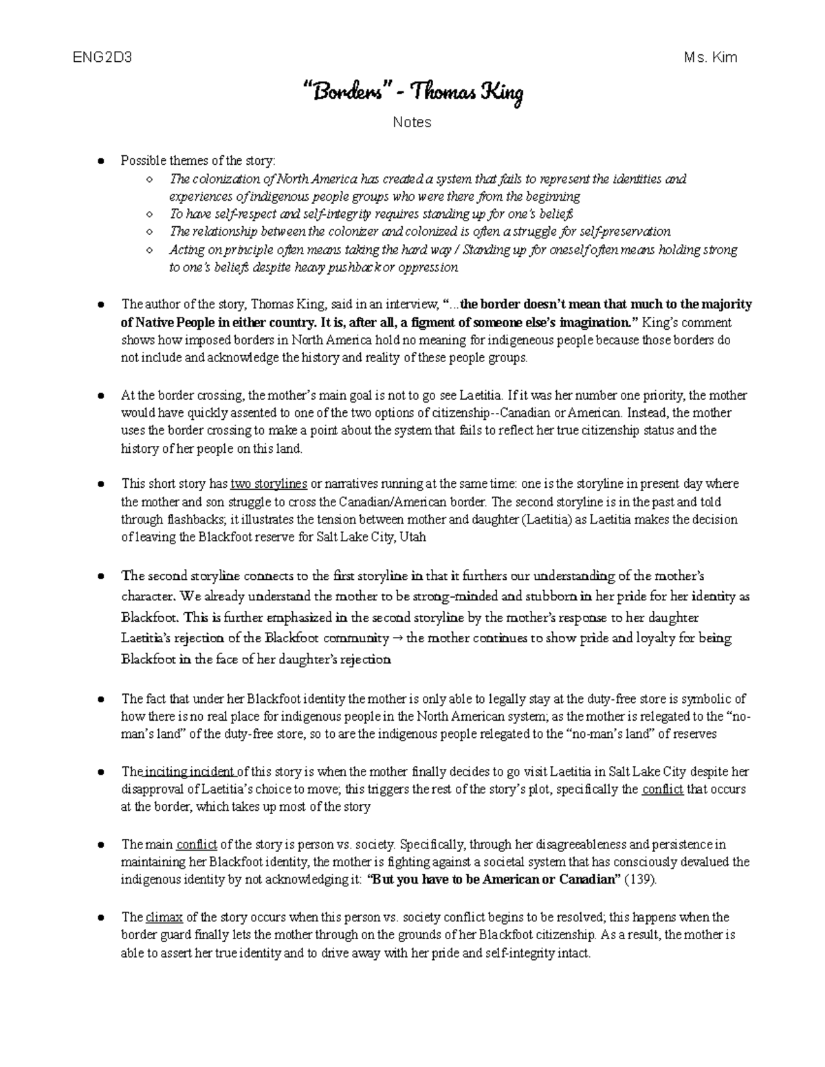 ENG2D3: Notes on Themes & Conflicts in "Borders" by Thomas King - Studocu