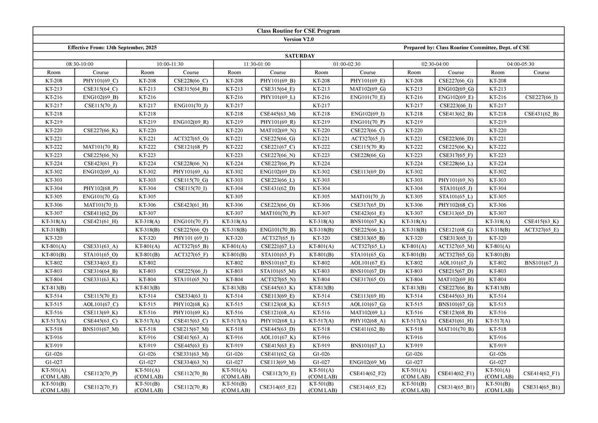 Class Routine for CSE Program - Fall 2025 (Version 2.0) - Studocu