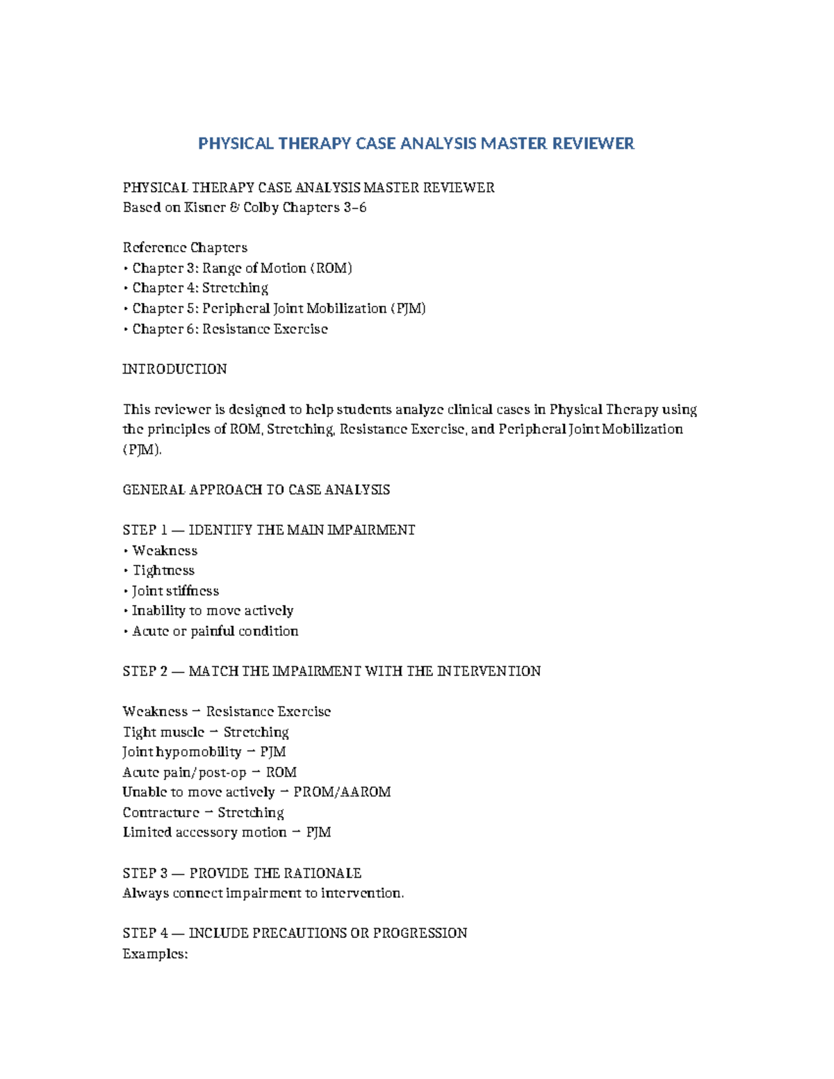 PT Case Analysis Master Reviewer: ROM, Stretching, PJM & Resistance ...