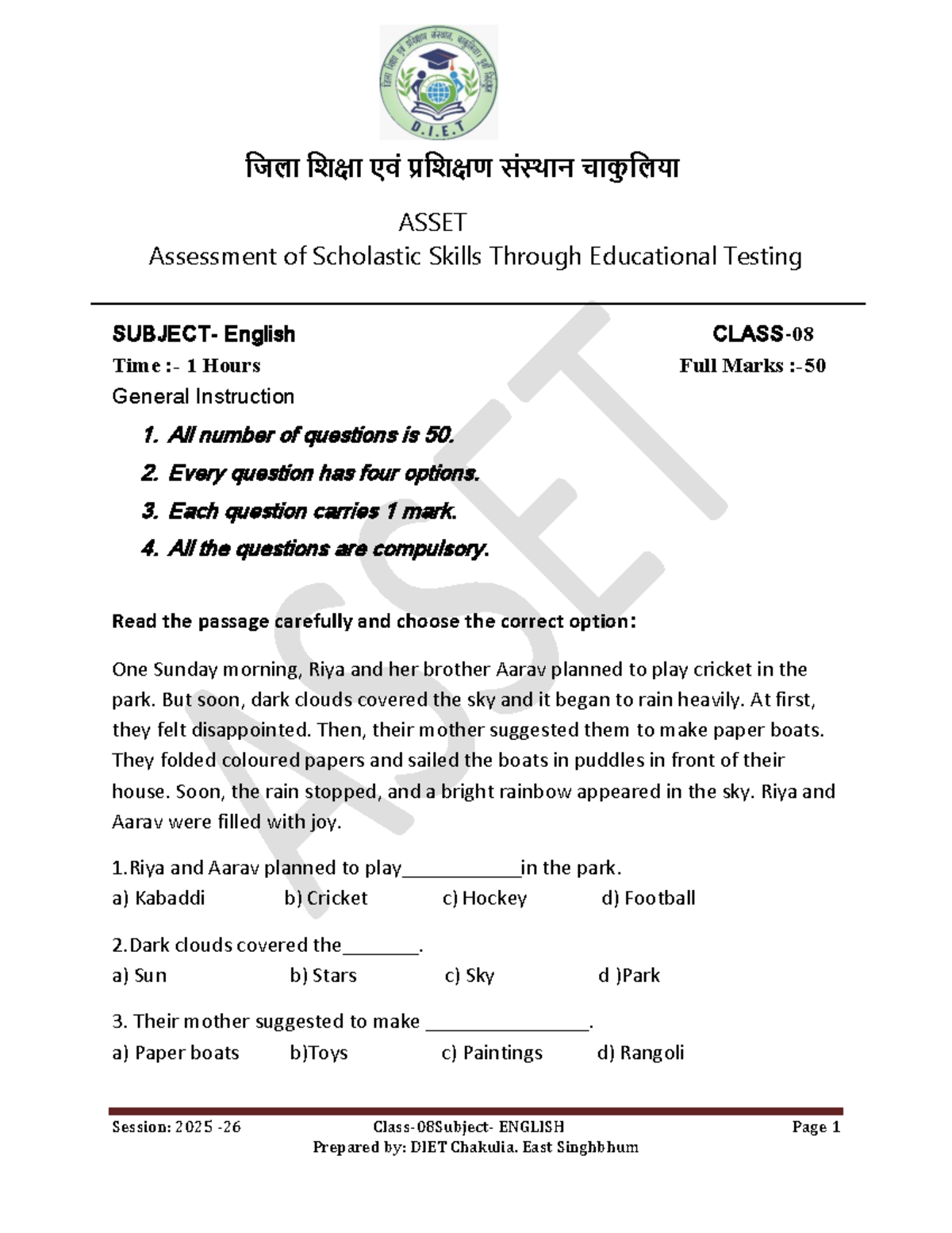Model Set 1: English-1 Practice Questions for ASSET Assessment - Studocu