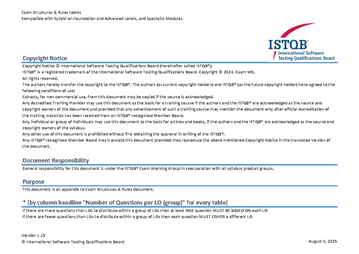 ISTQB Exam Structure Tables v1.15 for Foundation & Advanced Levels ...