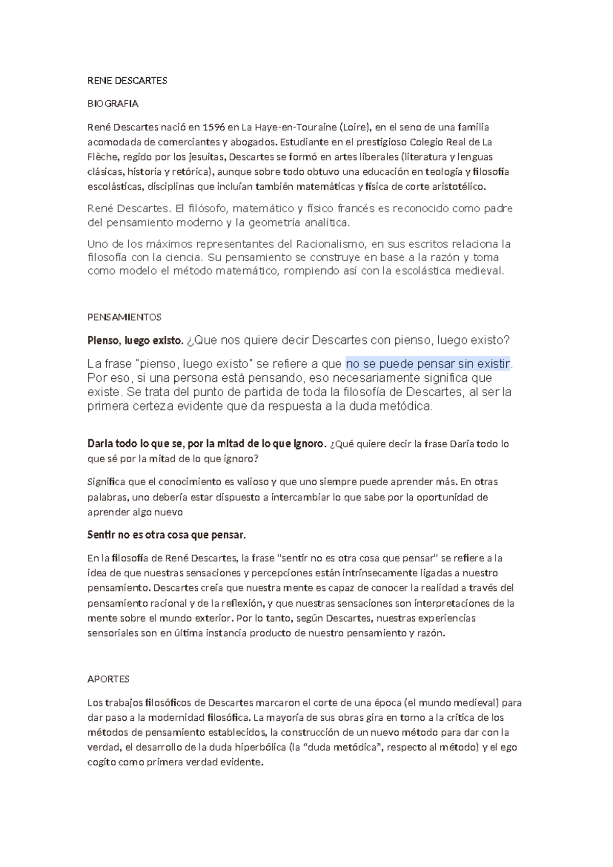 RENE Descartes: Biografía y Pensamientos Filosóficos - Studocu