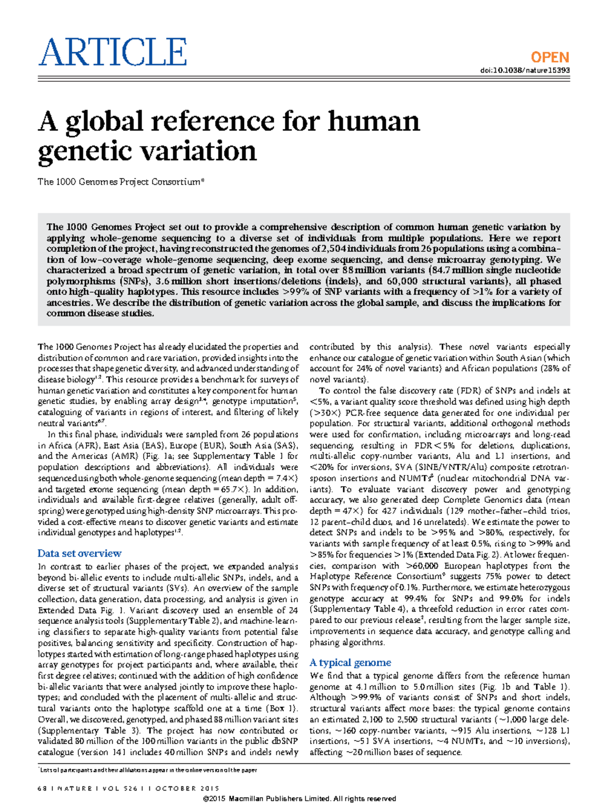 A Comprehensive Overview of Human Genetic Variation: The 1000 Genomes ...