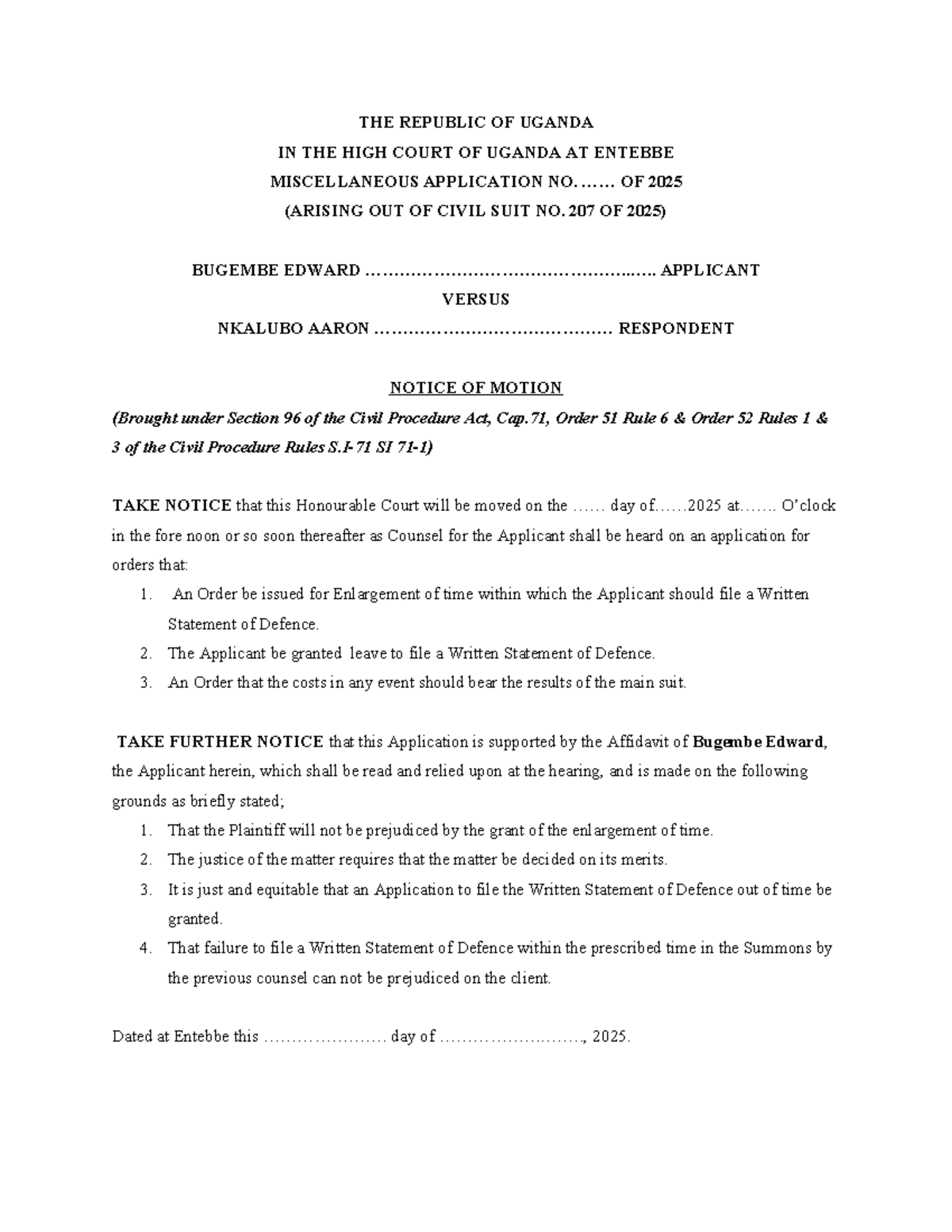 Application for Enlargement of Time - High Court Uganda (Misc. App ...