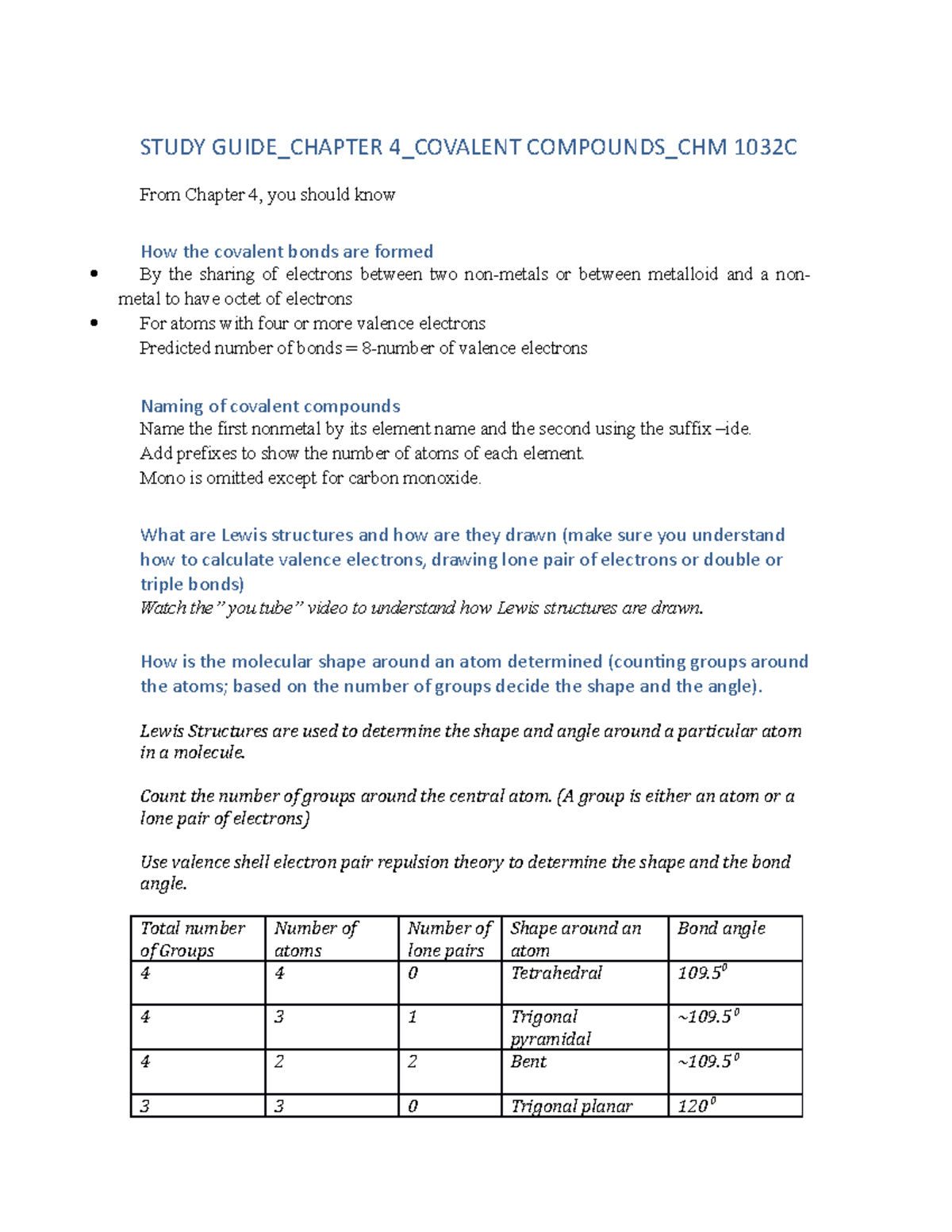 CHM 1032C Study Guide for Chapter 4: Covalent Compounds Overview - Studocu