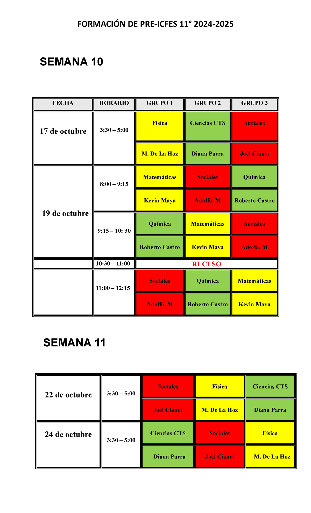 Cronograma pre-icfes (2024-2025) - FORMACIÓN DE PRE-ICFES 11° 2024 - 2025 SEMANA 10 SEMANA 11 ...