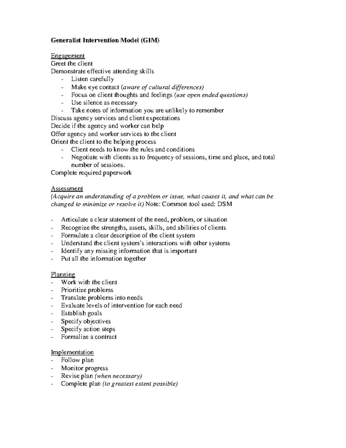 Generalist Intervention Model (GIM) Engagement & Assessment Notes - Studocu