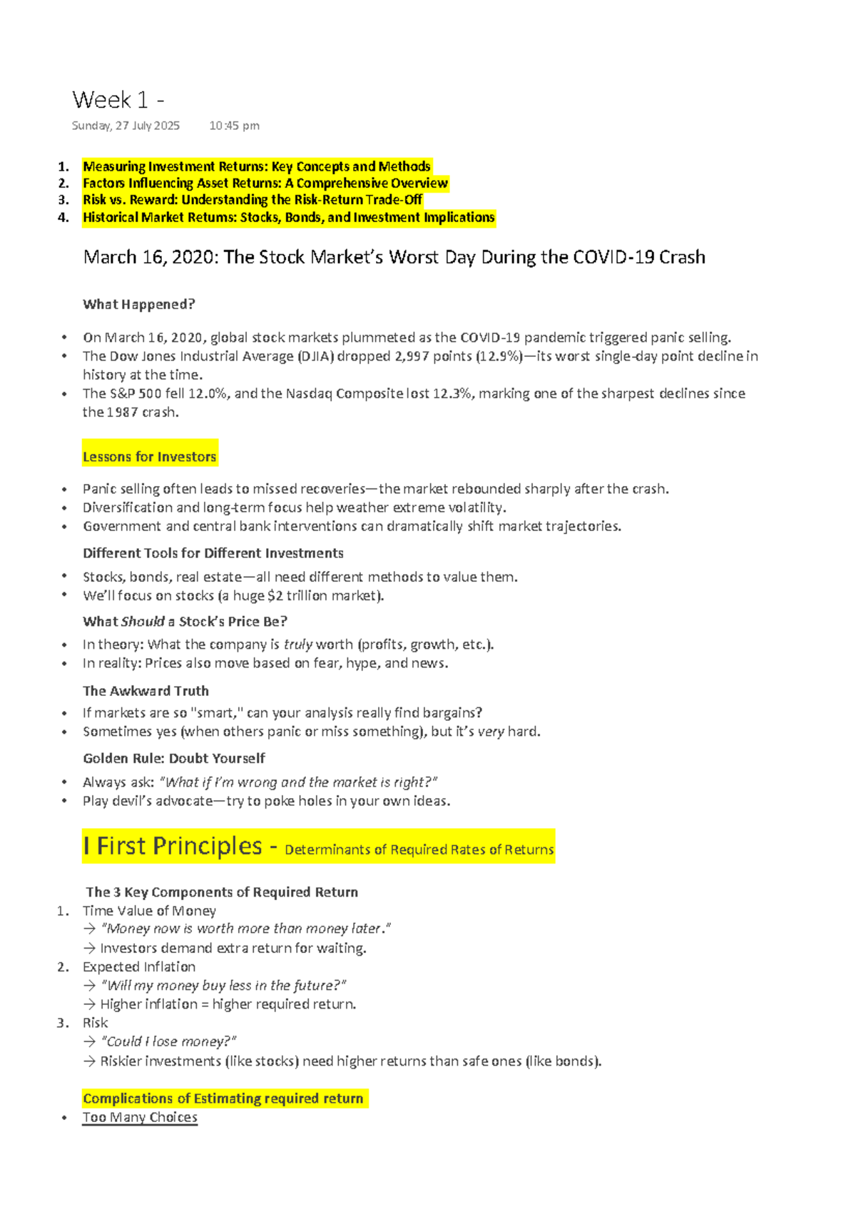 Investment Analysis Week 1: Key Concepts and Market Insights - Studocu