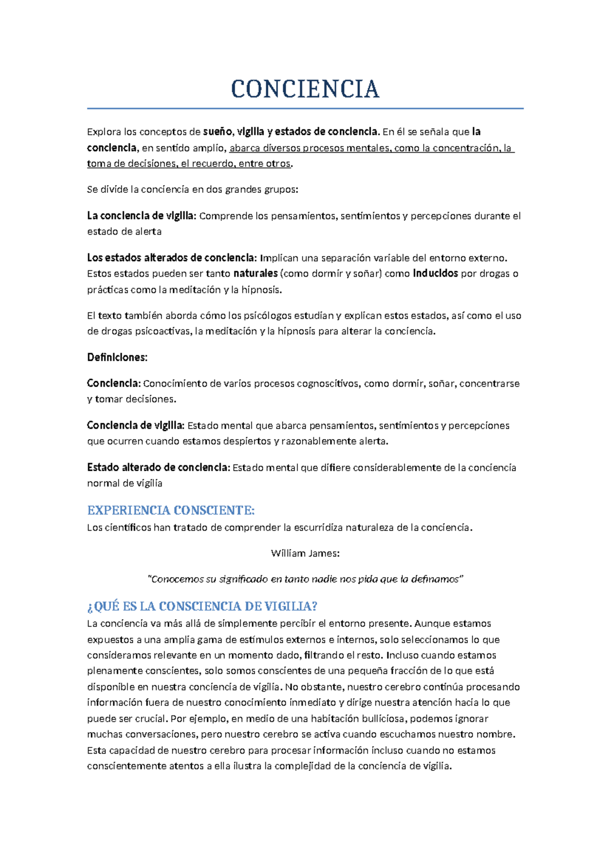 Conciencia- resumen - psico - CONCIENCIA Explora los conceptos de sueño ...