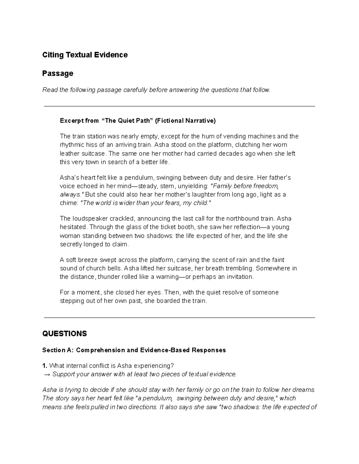 Citing Textual Evidence: Asha's Internal Conflict in Quiet - Studocu