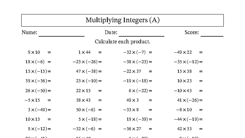 Multiplying Integers Practice (Math 101) - Studocu