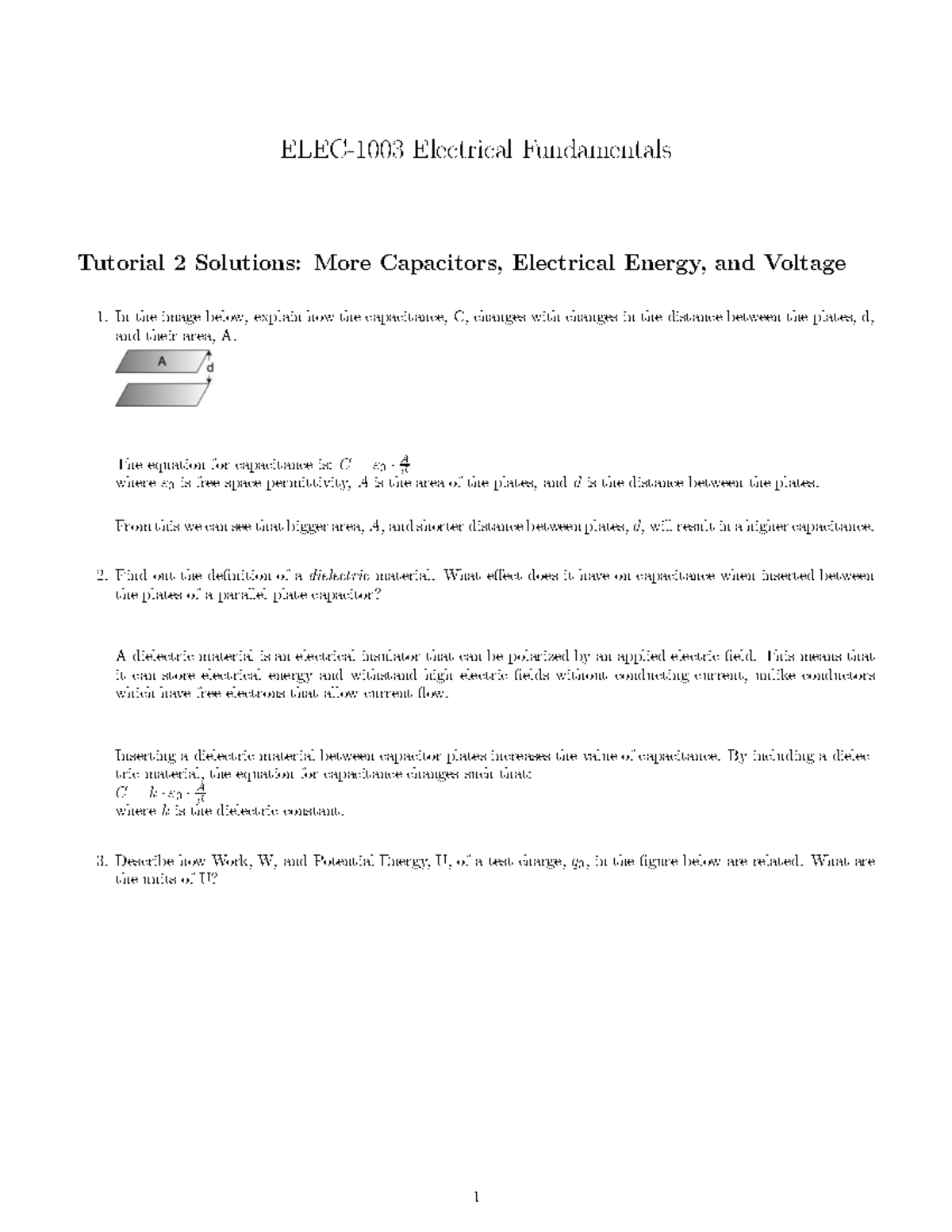 ELEC1003 Tutorial 2 Solutions: Capacitance, Dielectrics, and Voltage - Studocu