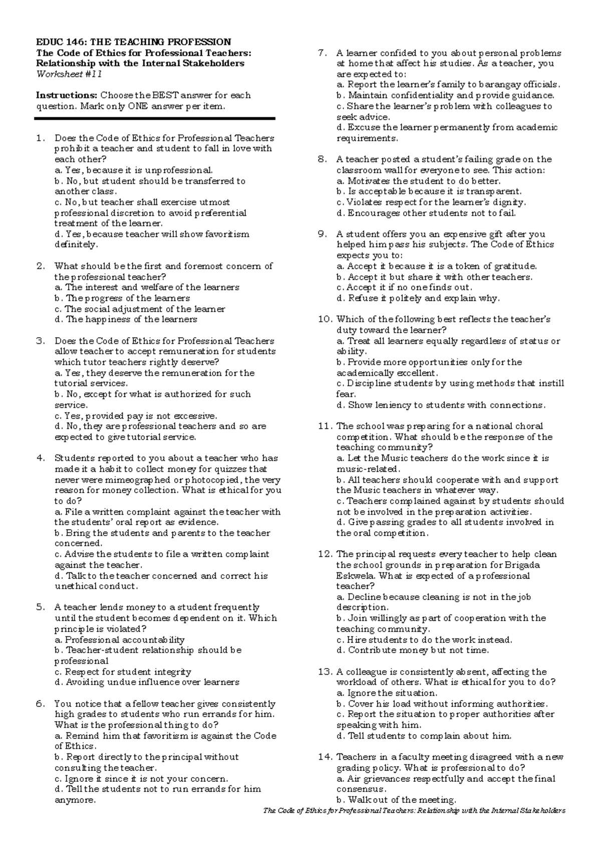 EDUC 146: Worksheet 11 - Code of Ethics for Professional Teachers - Studocu