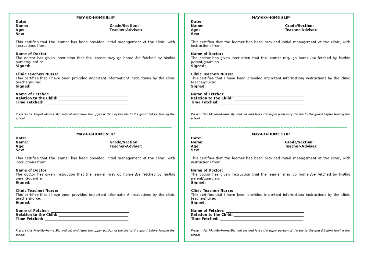 MAY-GO-HOME SLIP - Student Referral Documentation - Studocu