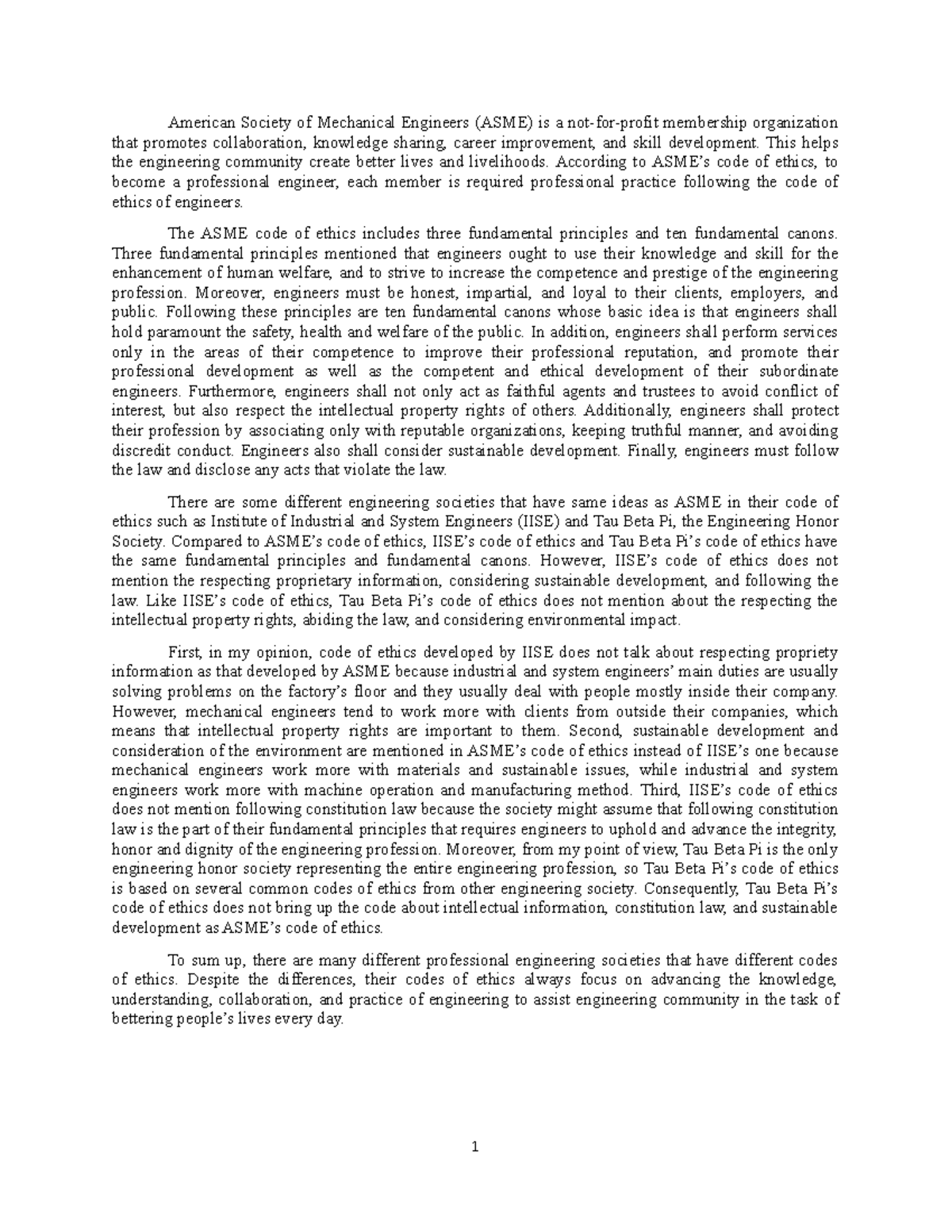 ASME Code of Ethics: Summary and Comparison with IISE & TBP - Studocu