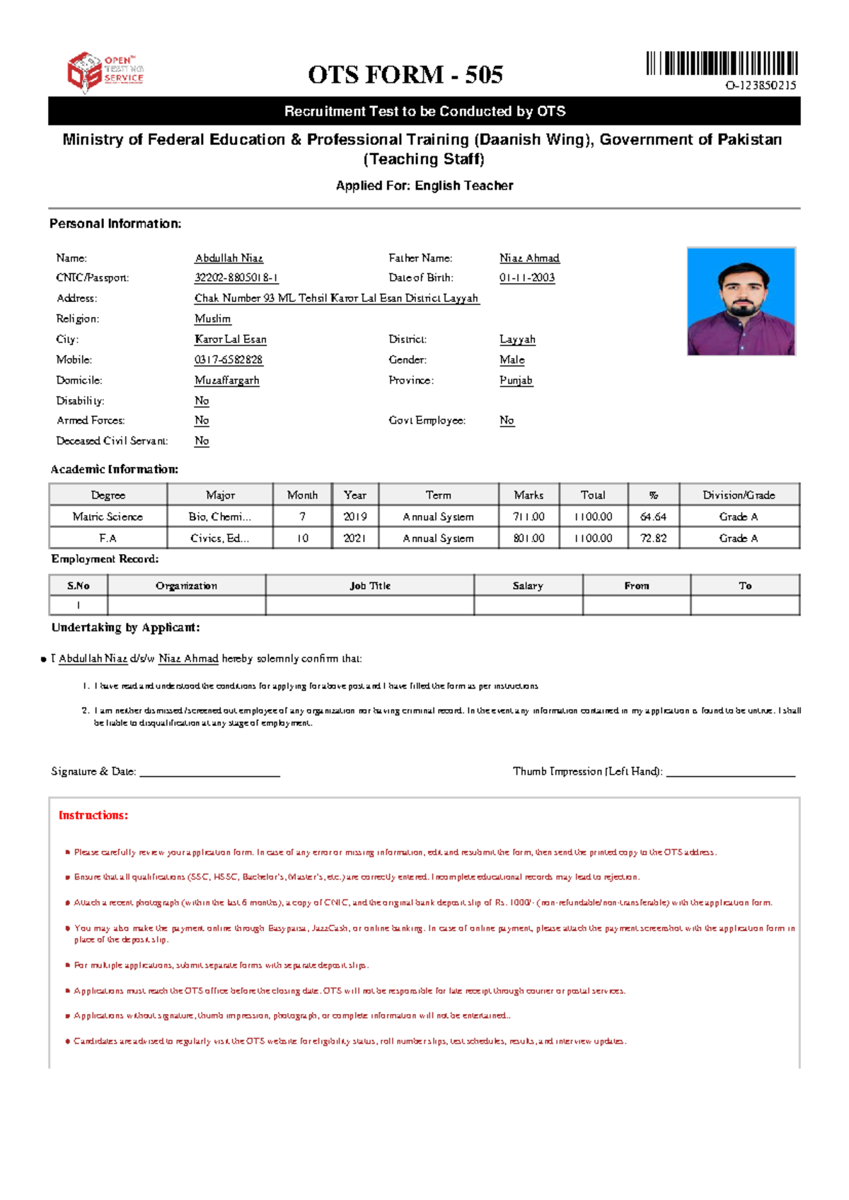 OTS FORM 505 Recruitment Test for English Teacher Position - Studocu