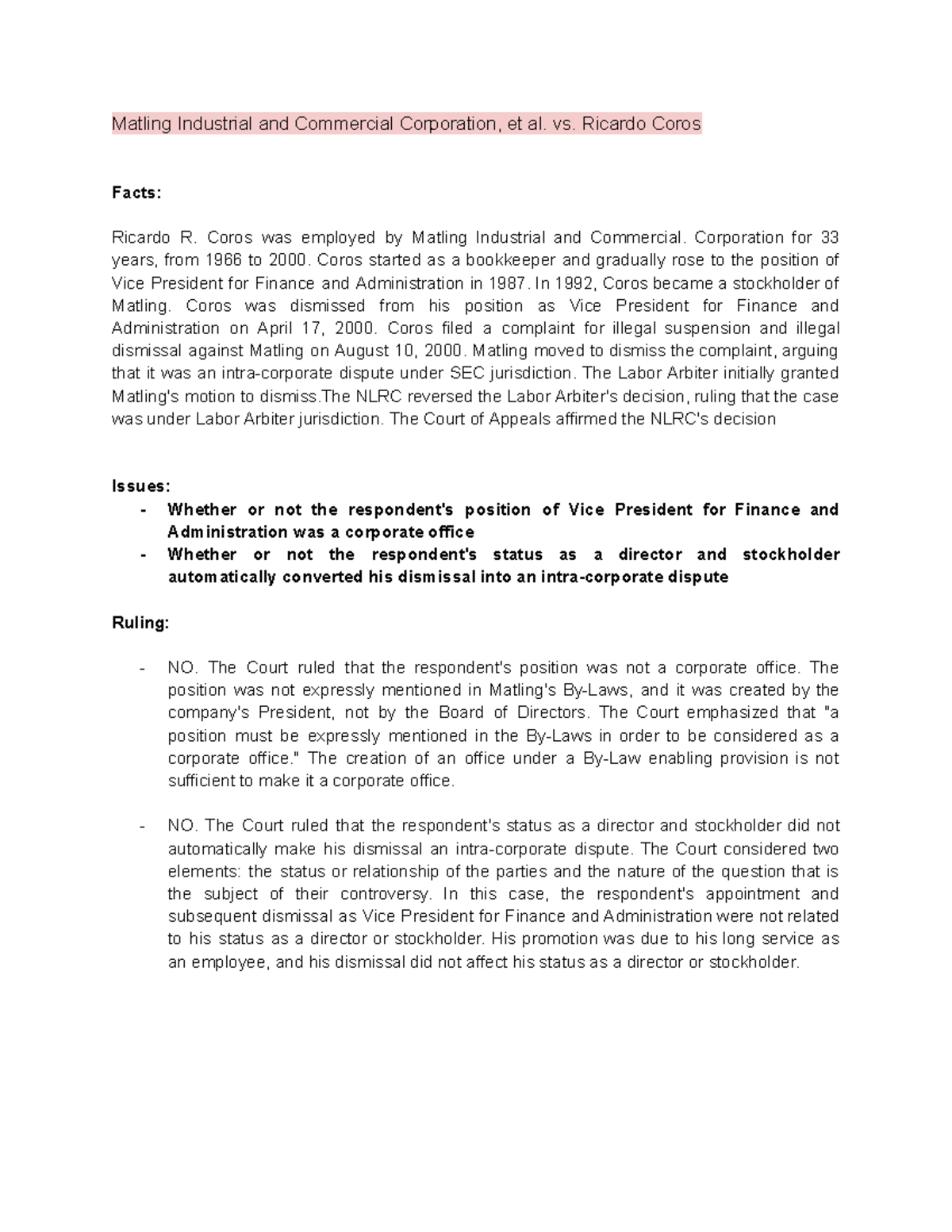Matling Ind. & Comm. Corp. vs. Coros: Case Analysis (33 - 2021) - Studocu