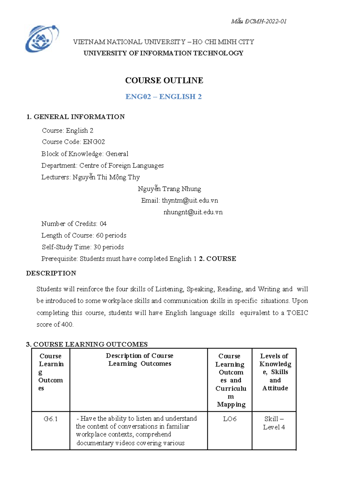 ENG02 Course Outline - English 2: Skills and Learning Outcomes - Studocu