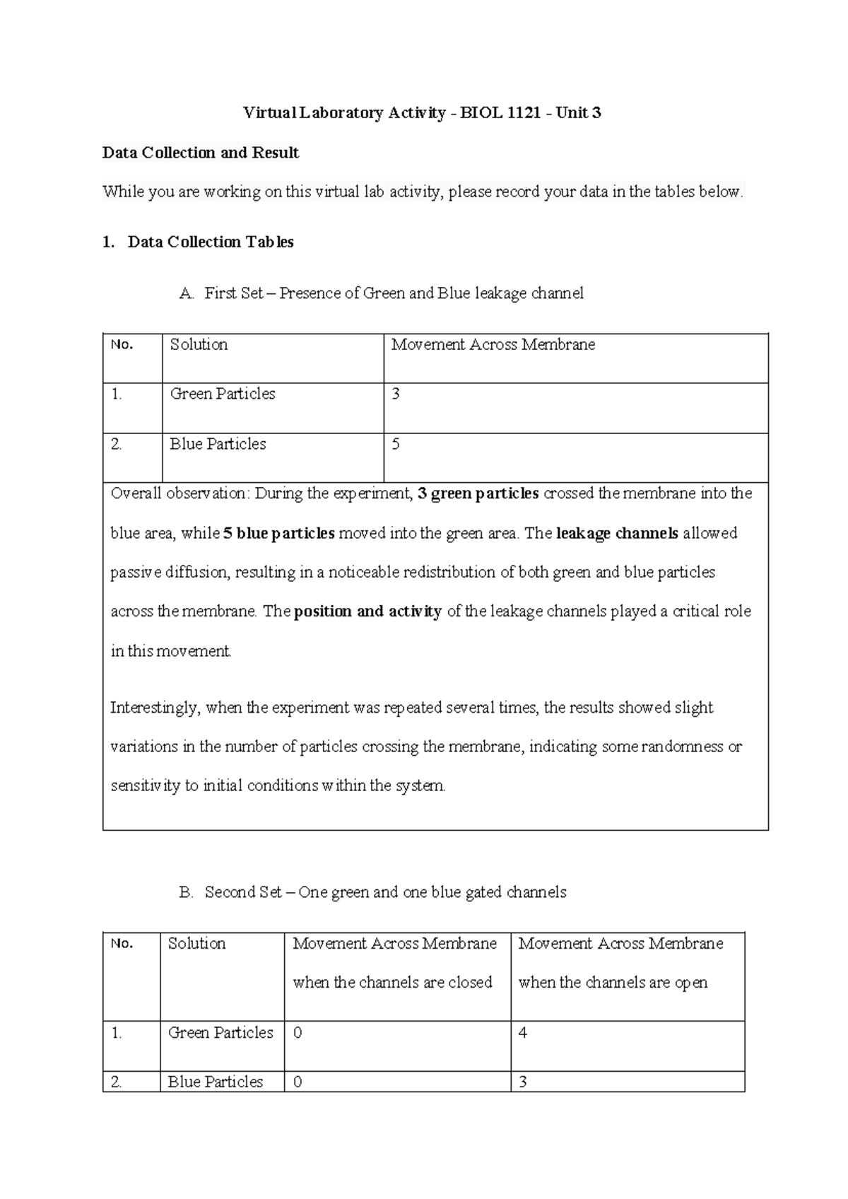 BIOL 1121 Virtual Lab: Data Collection and Results for Units 3-5 - Studocu