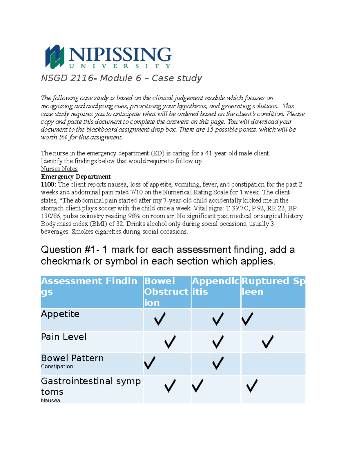NSGD 2116 Module 6 - Case Study on Clinical Judgement and Findings ...