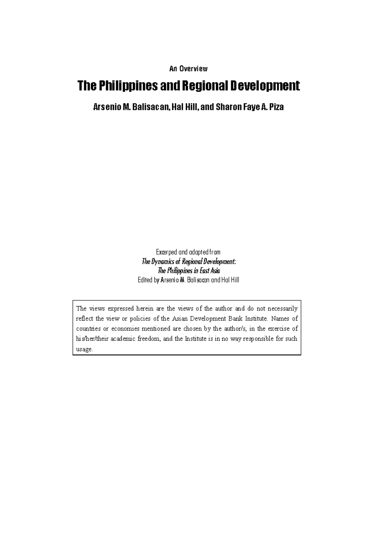 Overview Regional Development in the Philippines - An Overview The ...