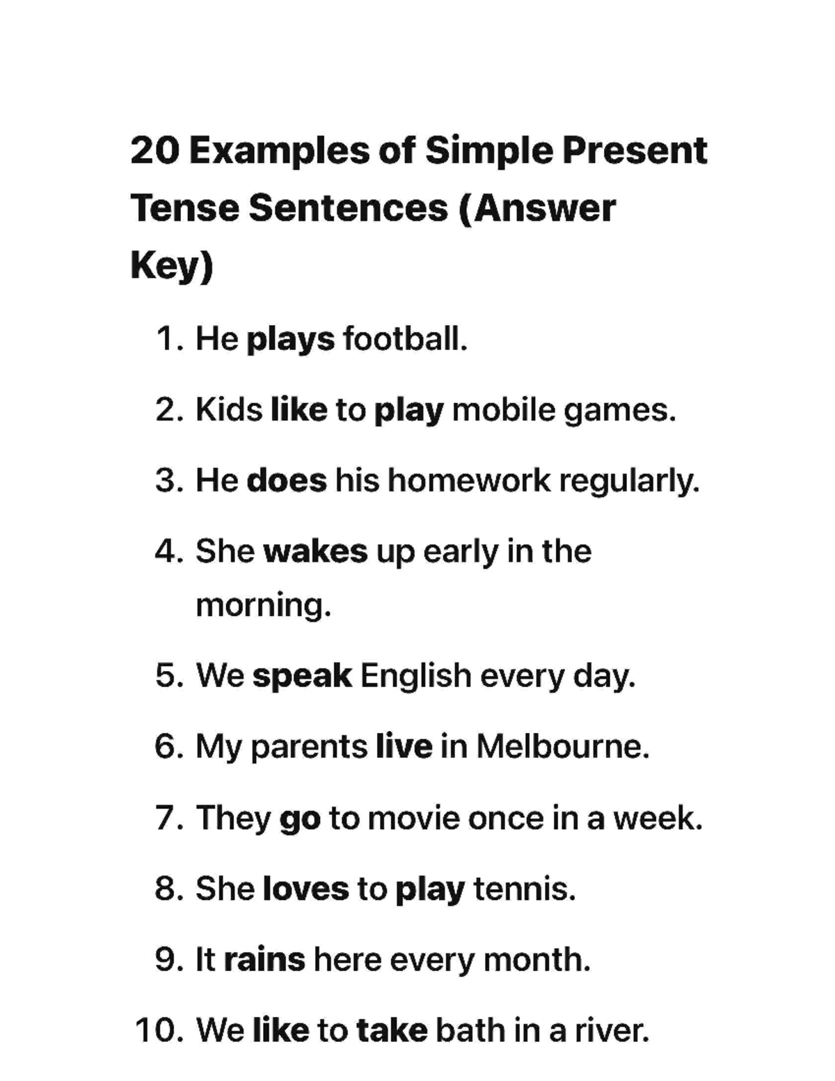 Simple Present Tense Exercise Answer Key: 20 Examples - Studocu