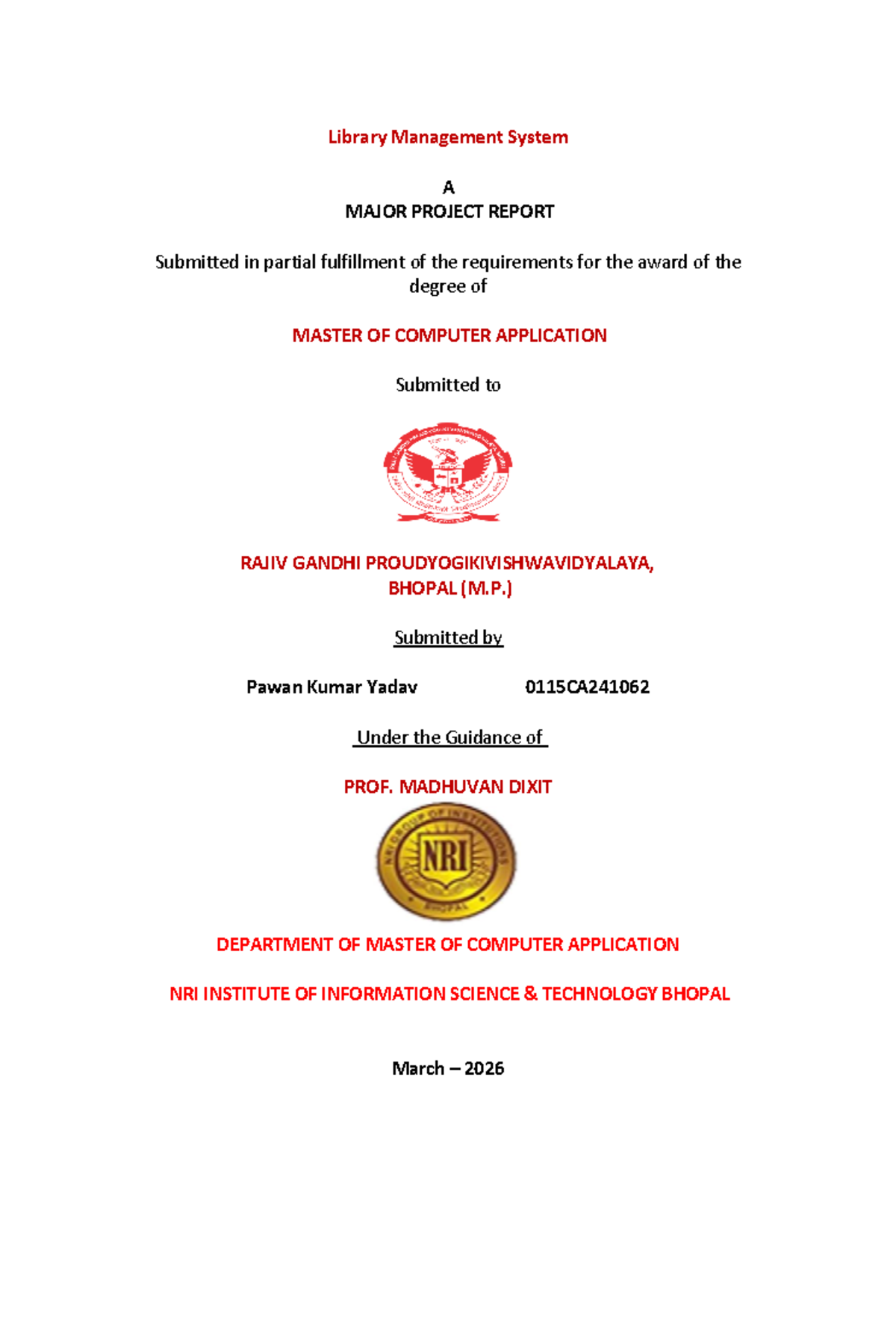 Library Management System Project Report - MCA 0115CA241062 - Studocu