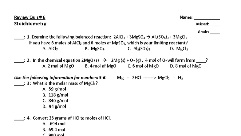 Review Quiz 6: Stoichiometry & Reaction Rates (HG CHEM) - Studocu