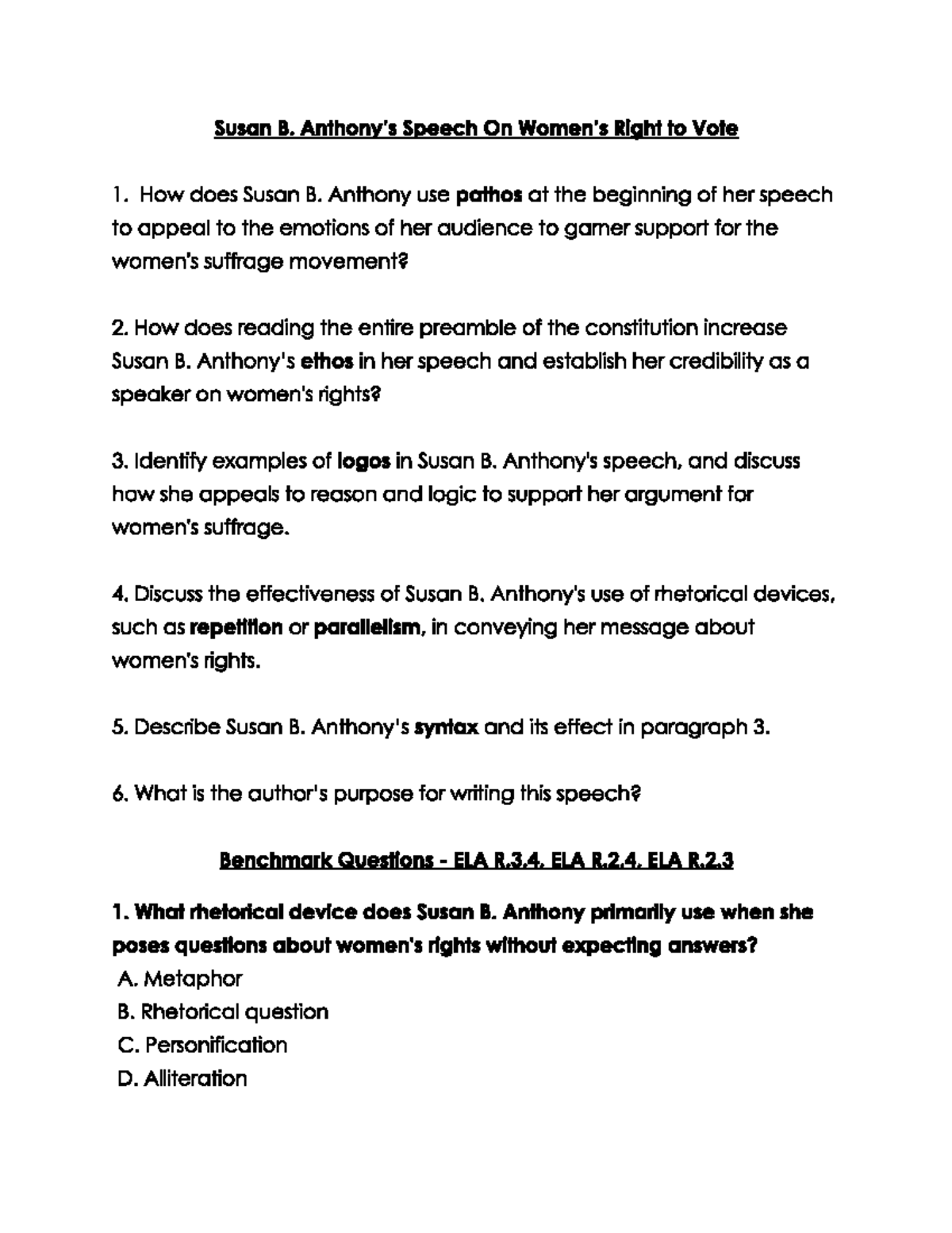 Susan B. Anthony's Rhetorical Strategies in Suffrage Speech Analysis ...