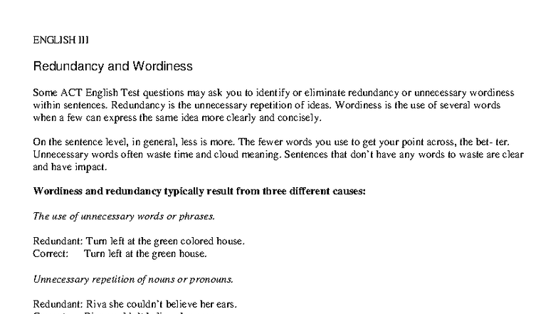 ENGLISH ACT Redundancy and Wordiness Study Guide - Studocu
