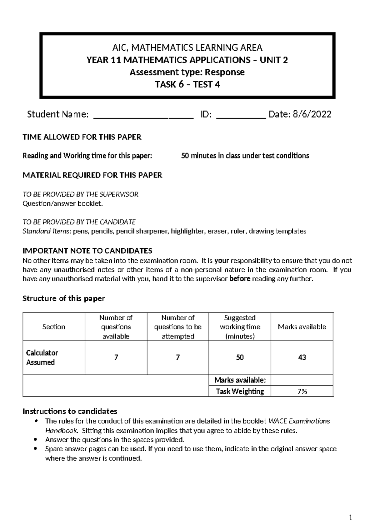 Test 4: Year 11 Mathematics Applications (AIC) - Studocu