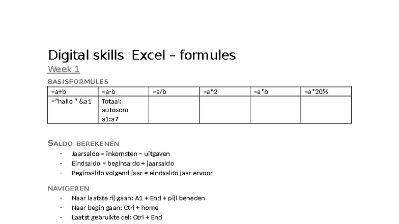 Excel Notities: Basisformules en Berekeningen Week 1 - SV - Studocu